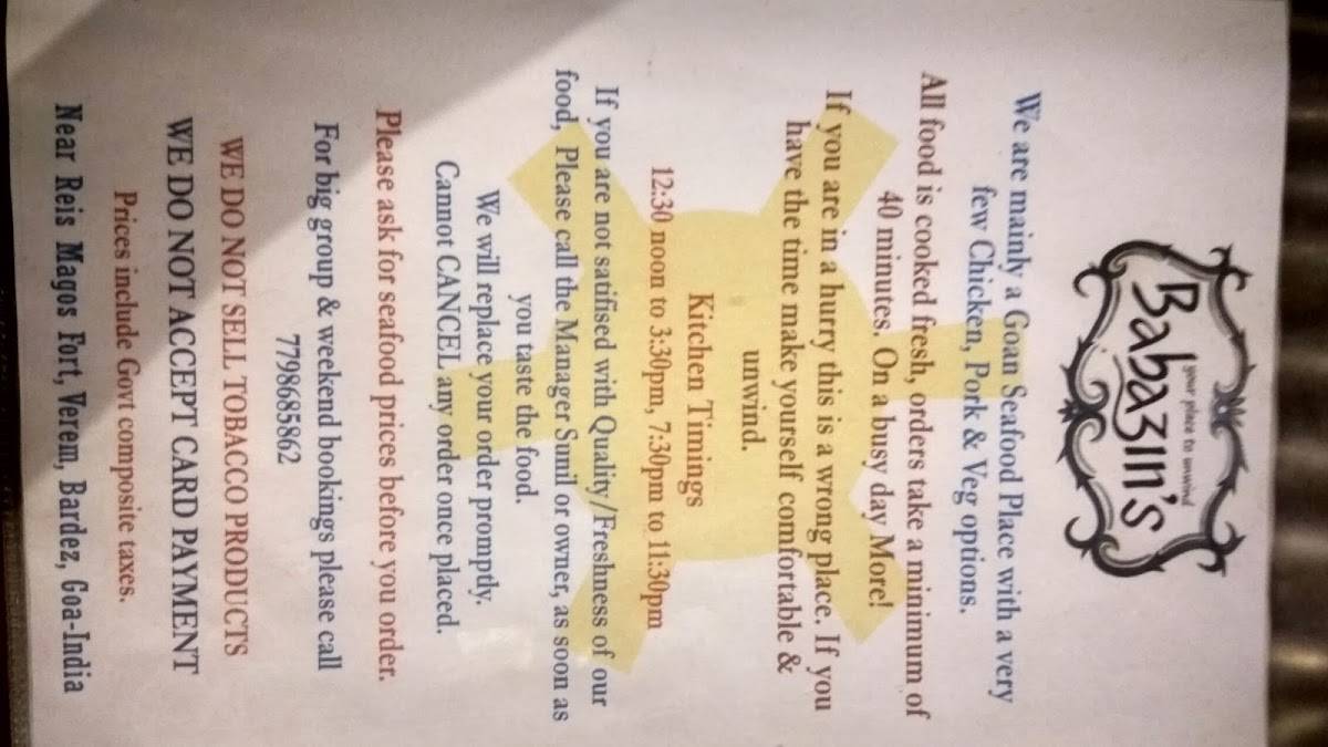 Menu at Babazin, Reis Magos
