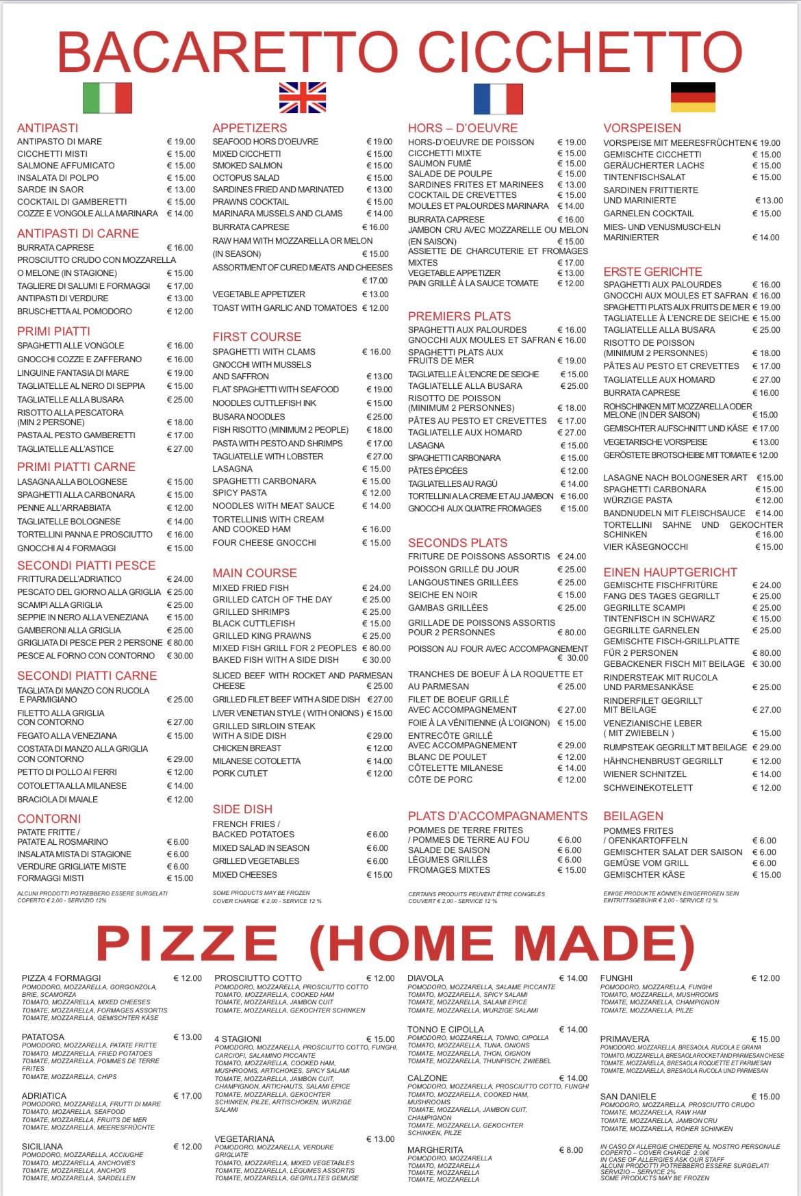 Menu da Bacaretto Cicchetto Venice pub & bar, Venezia