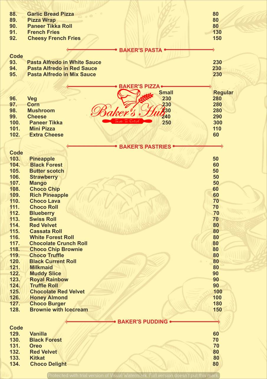 Menu at Bakers Hub, Solan