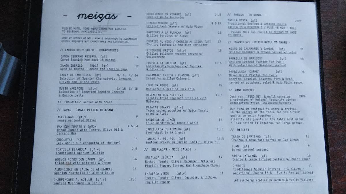 Menu at Meigas restaurant, Ballarat Central