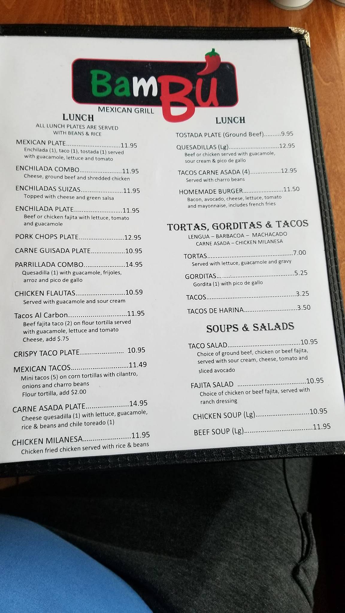 Menu at Bambú restaurant, Galveston