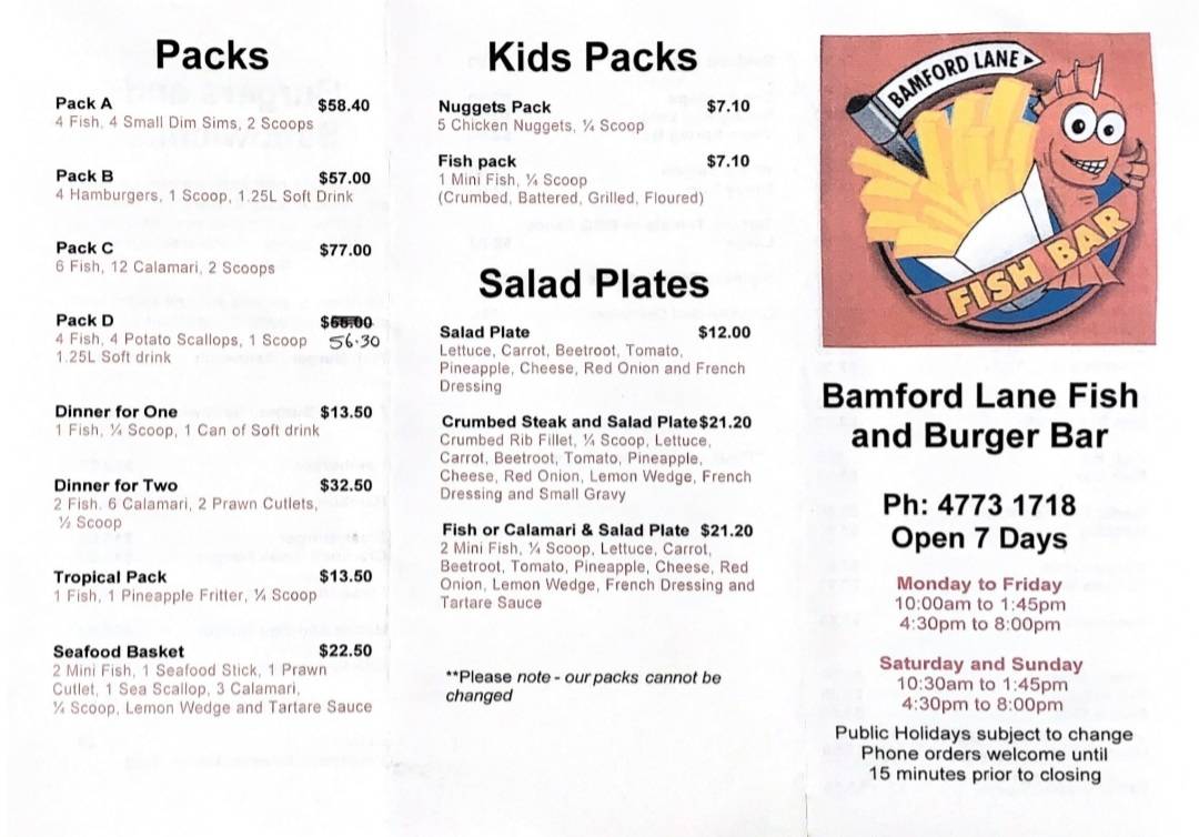 Menu at Bamford Lane Fish & Burger Bar, Kirwan