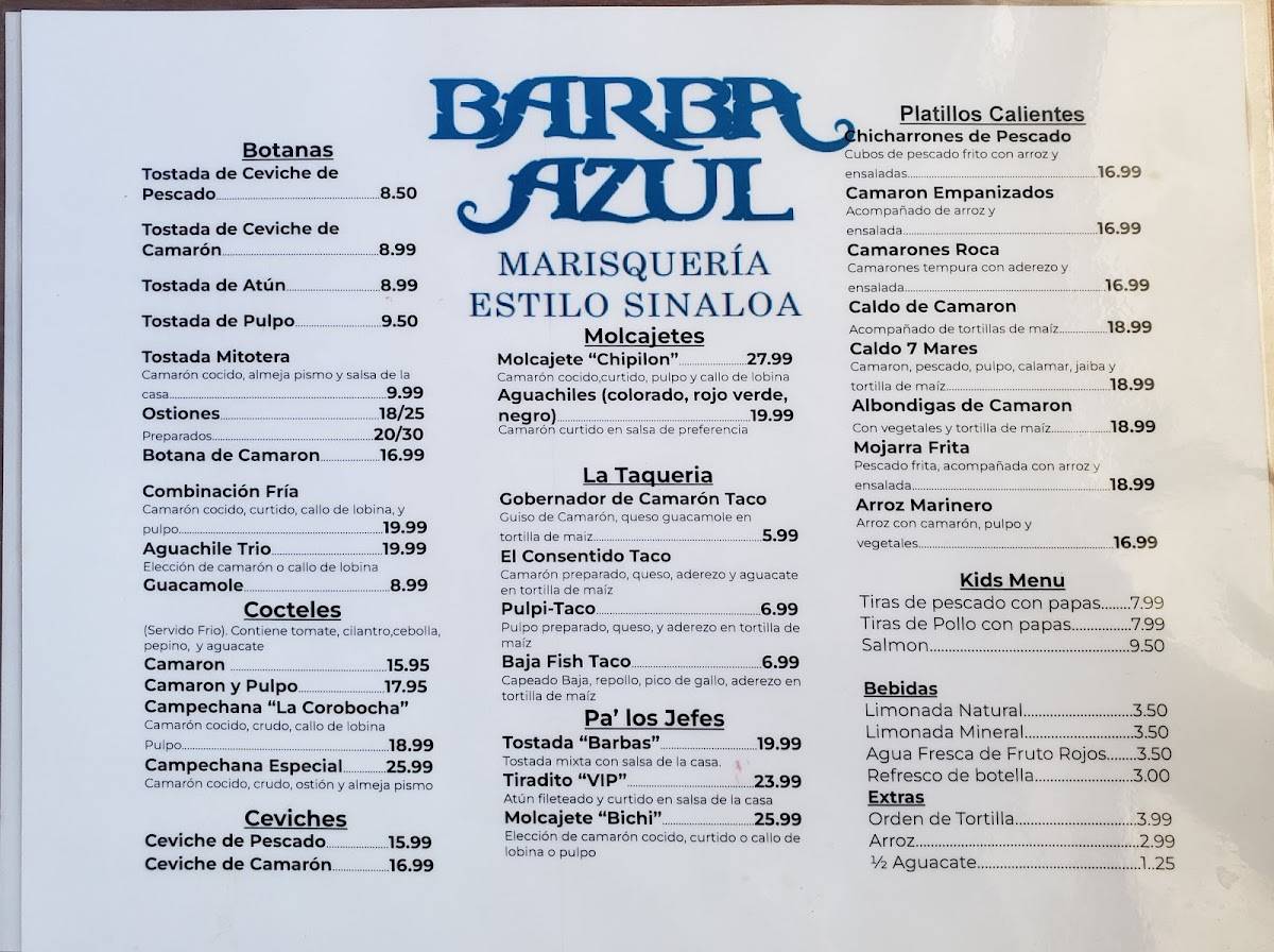 Menu at Barba Azul, Seaside