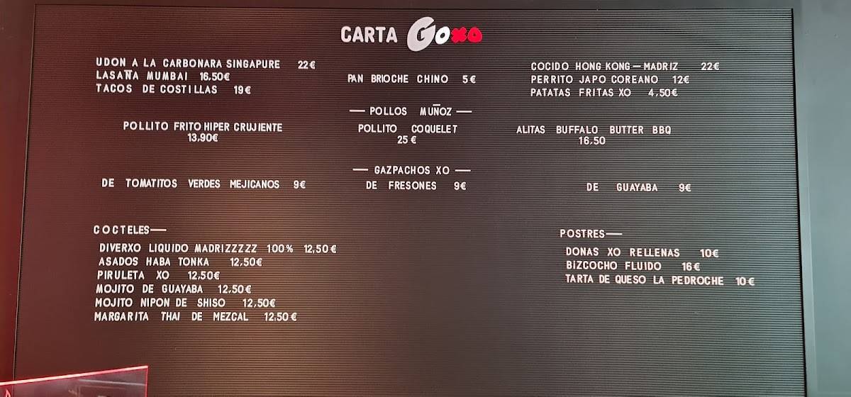 Carta del restaurante GoXO, Barcelona