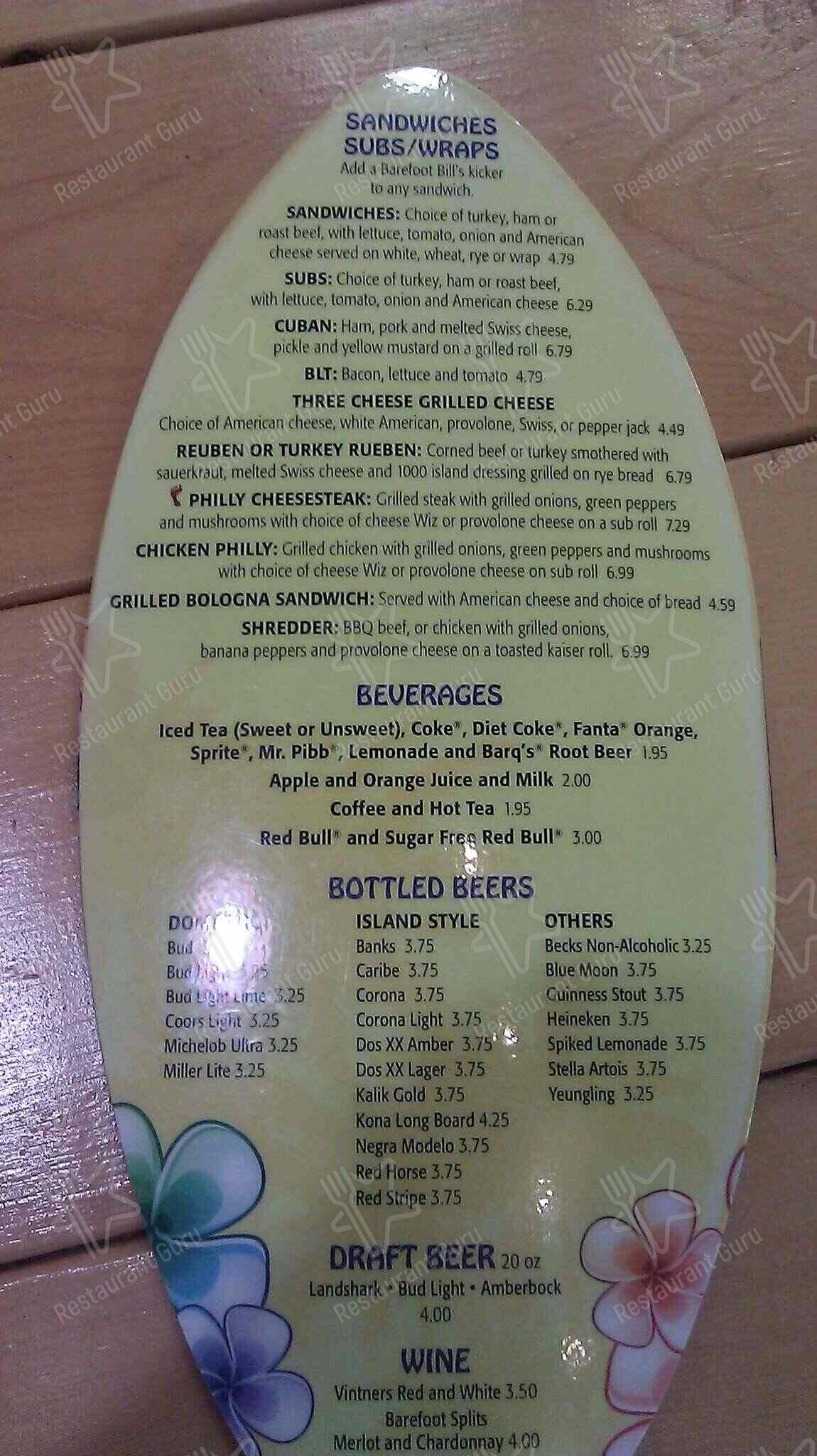 Menu at Barefoot Bill's Island Grill, St. Augustine