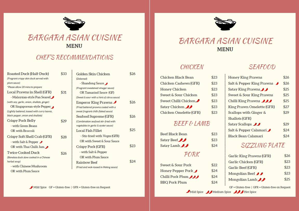 Menu at Bargara Asian Cuisine, Bargara