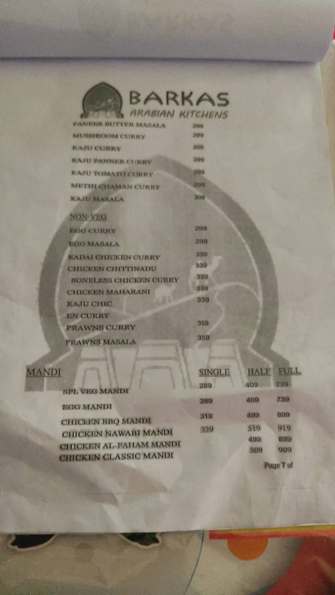 Menu at Barkas Arabian Kitchens, Rajahmundry, Near