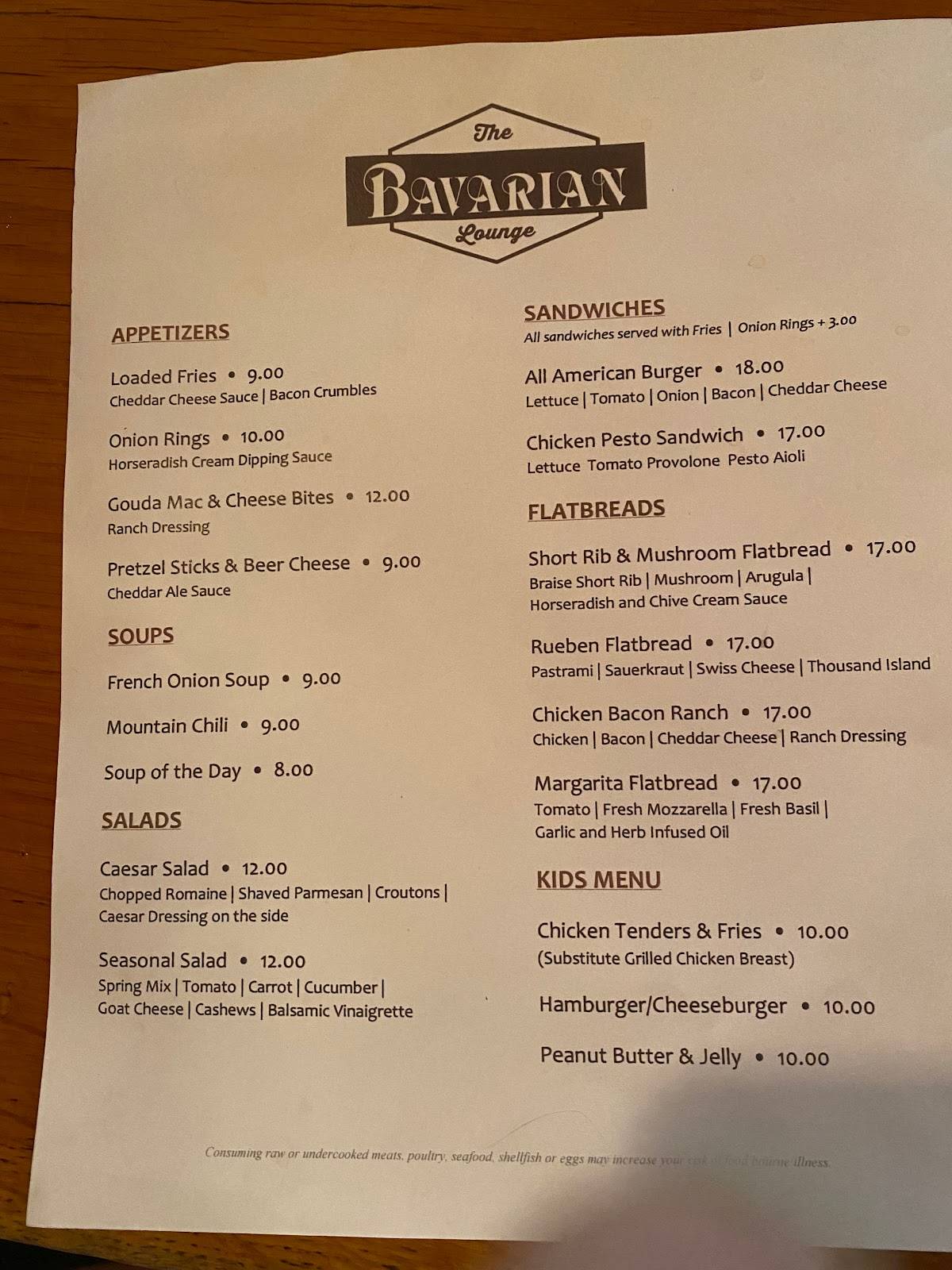 Menu at Bavarian Lounge pub & bar, Seven Springs