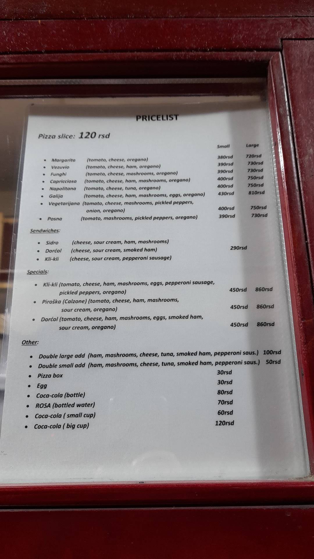 Menu at Picerija Kli Kli pizzeria, Belgrade