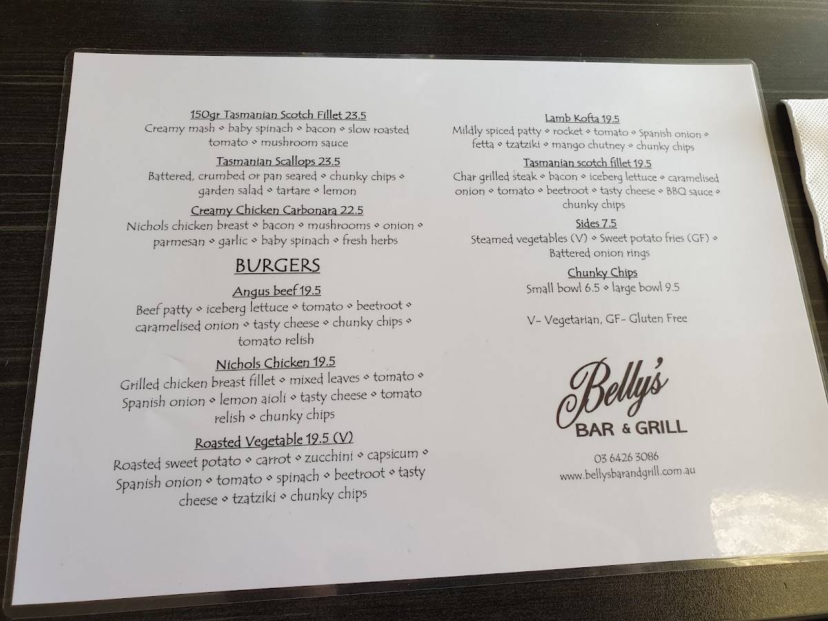 Menu at Bellys Bar N Grill, Latrobe