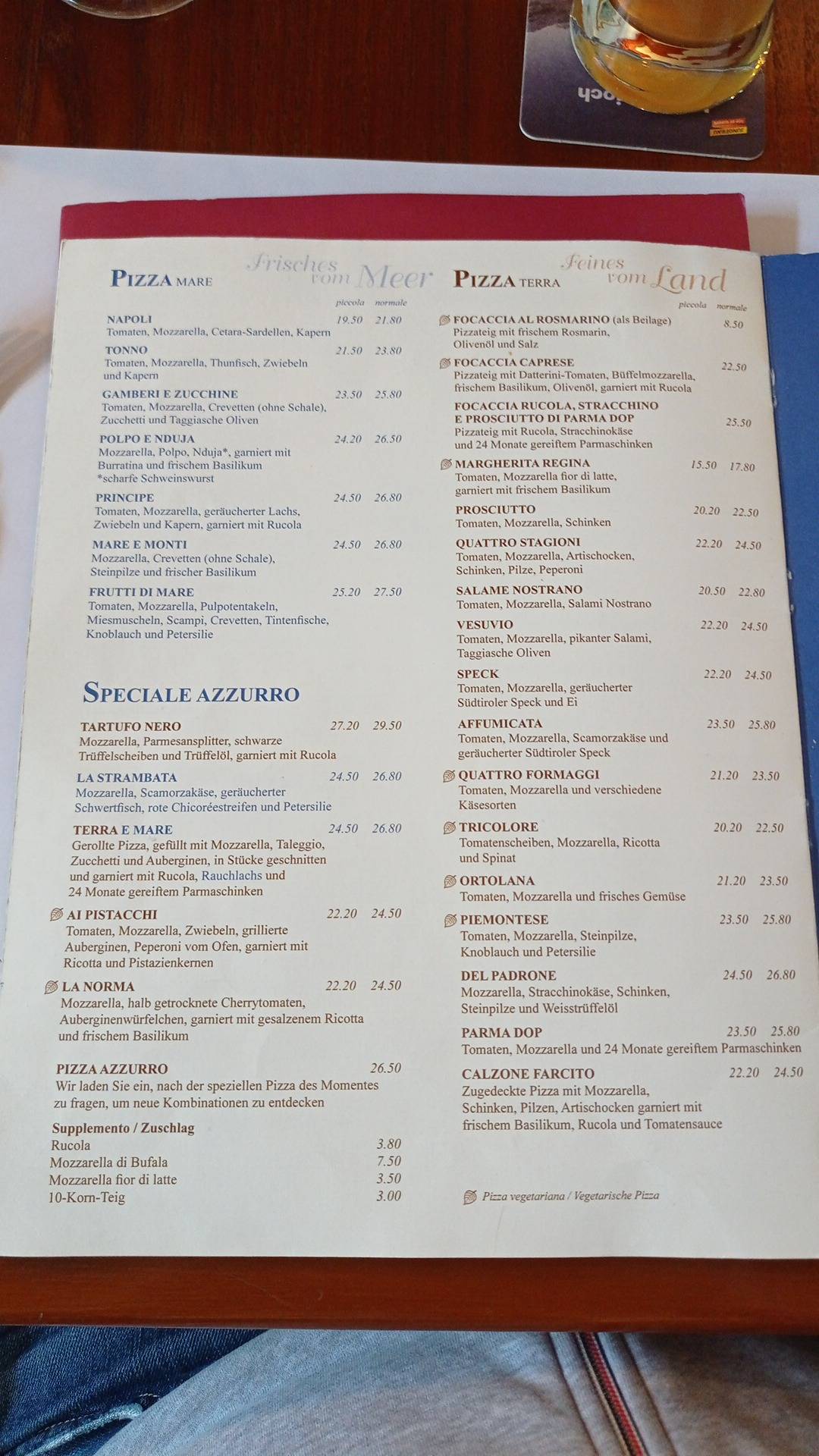Menu da Ristorante Azzurro Terra e Mare, Berna
