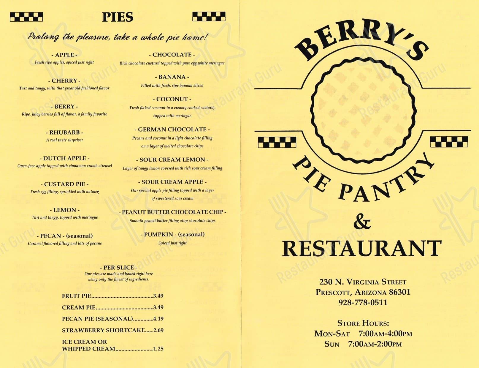 Menu at Berry's Pie Pantry cafe, Prescott
