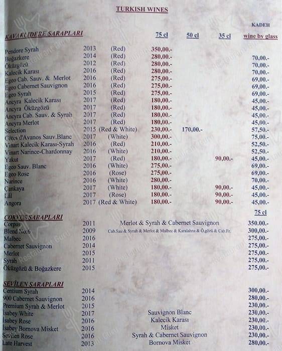 Menu at Beyti, Istanbul, Florya