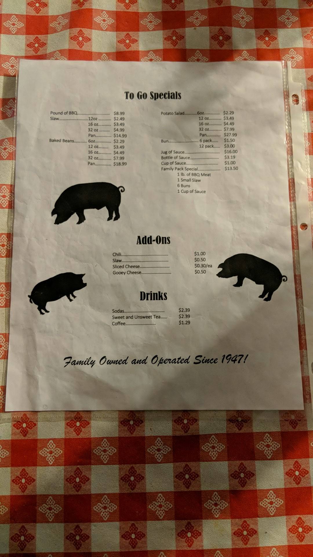 Menu at Bill's Bar-B-Q, Kennett