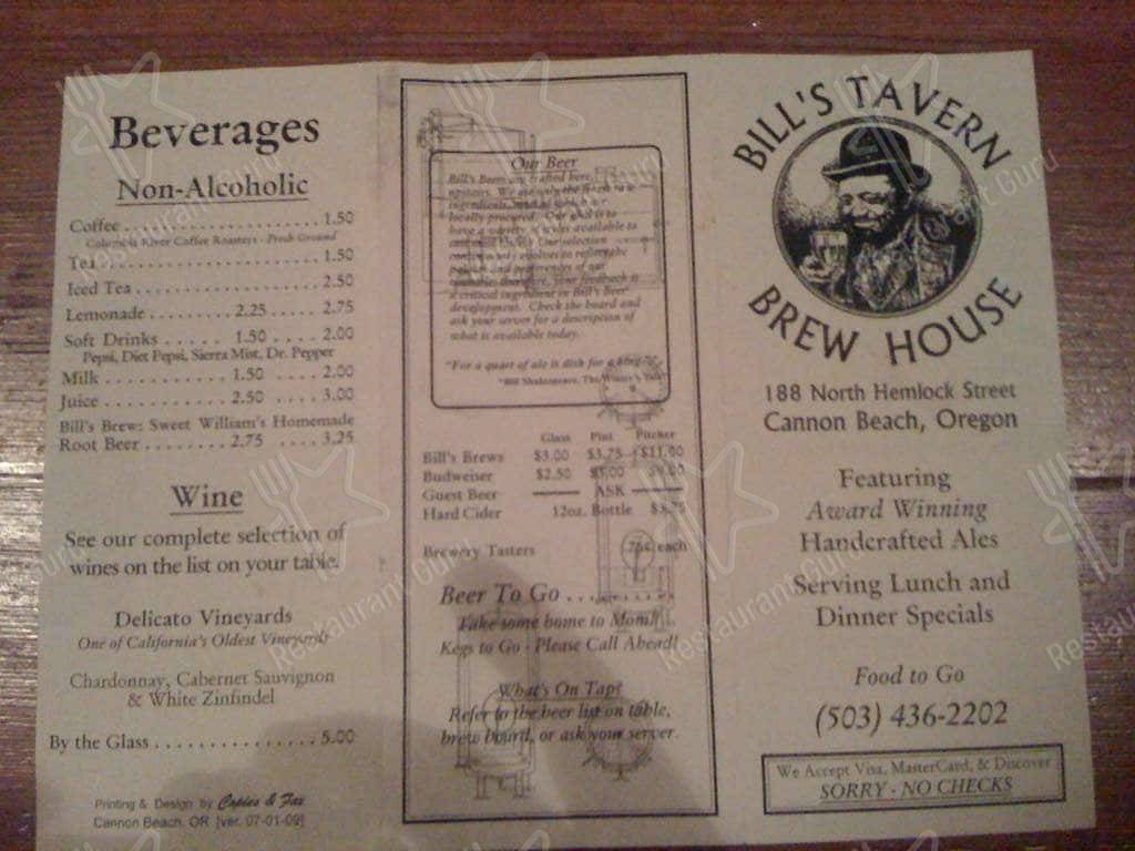 Menu at Bill's Tavern & Brewhouse pub & bar, Cannon Beach