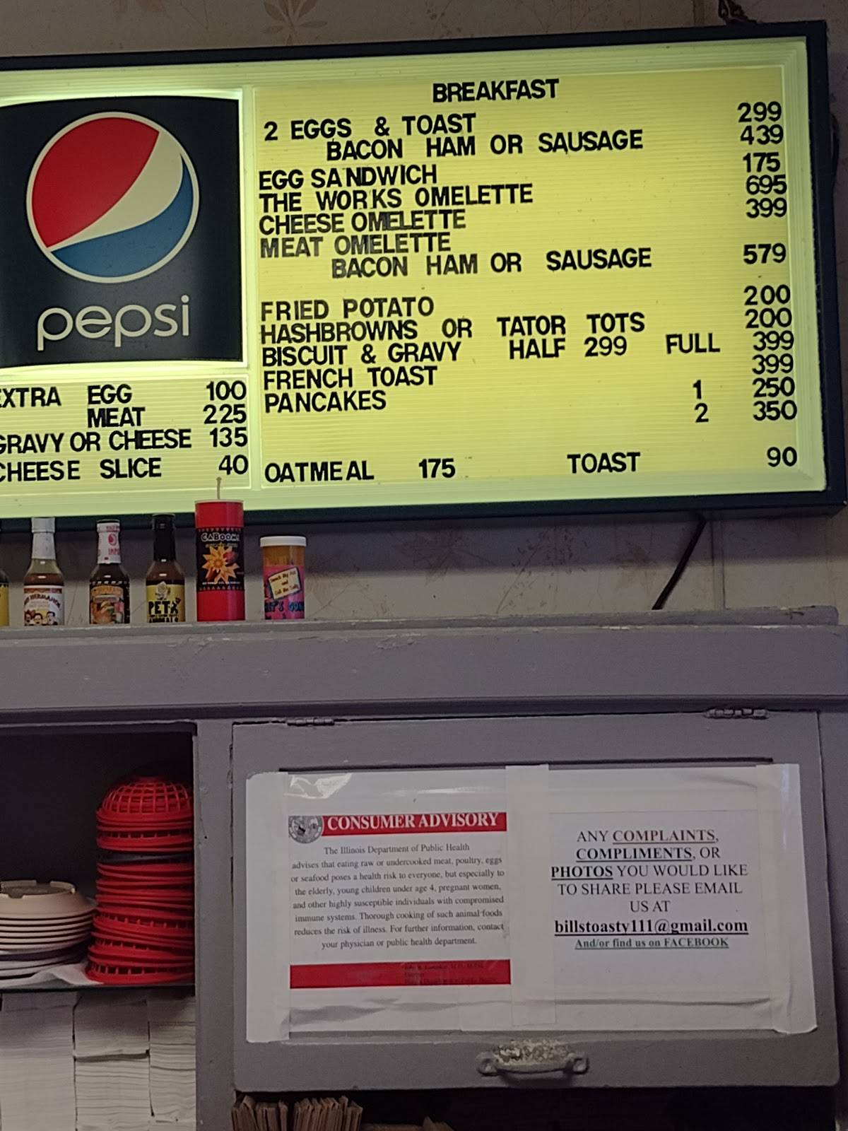 Menu at Bill's Toasty Shop restaurant, Taylorville