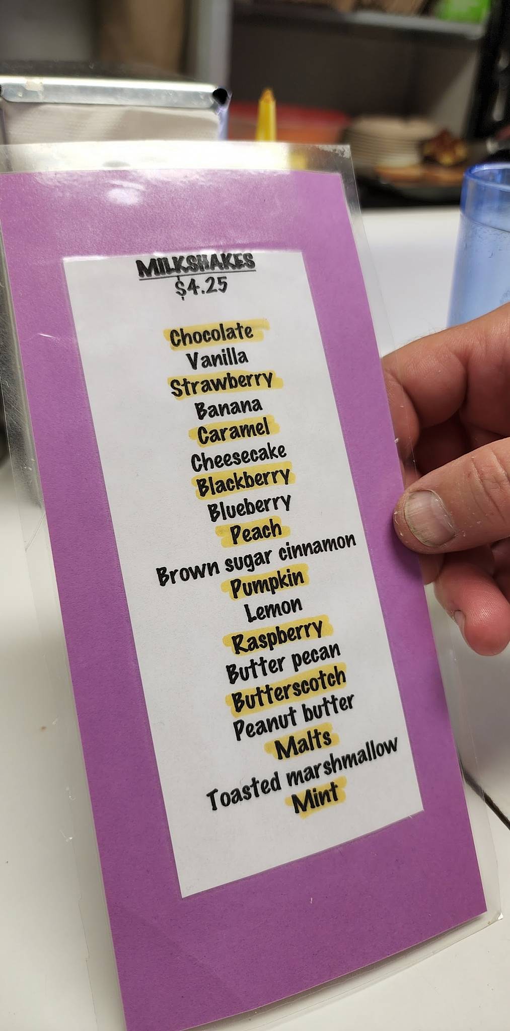Menu at Bill's Toasty Shop restaurant, Taylorville