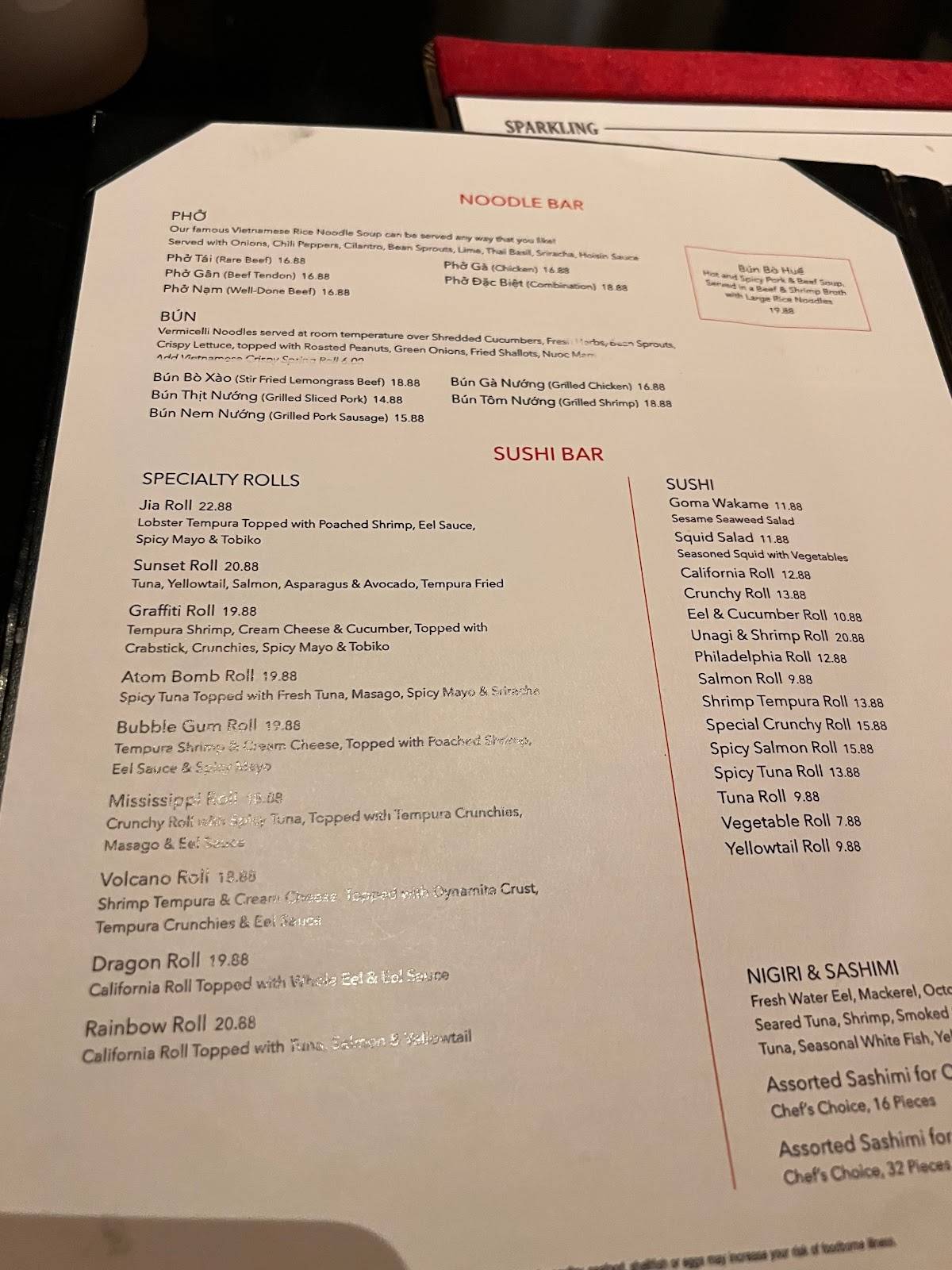 Menu at Jia restaurant, Biloxi, Beau Rivage Resort & Casino