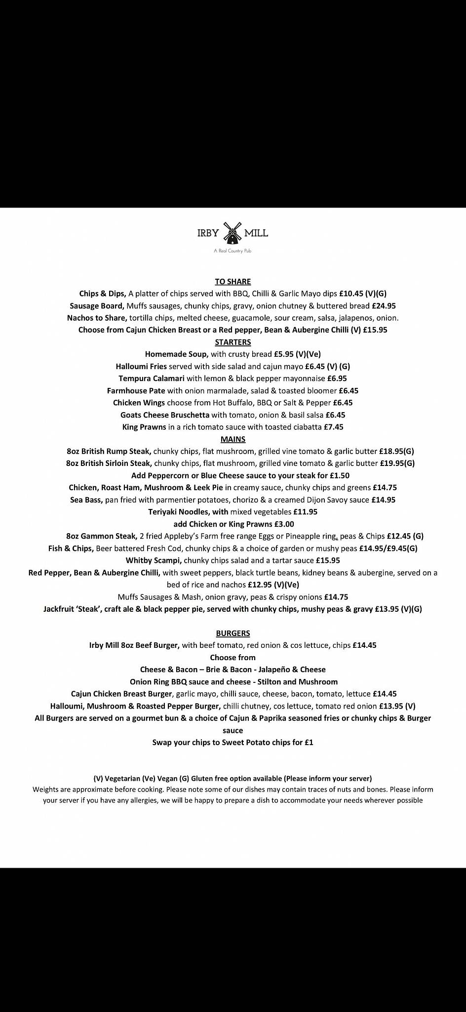 Menu at Irby Mill pub & bar, Greasby