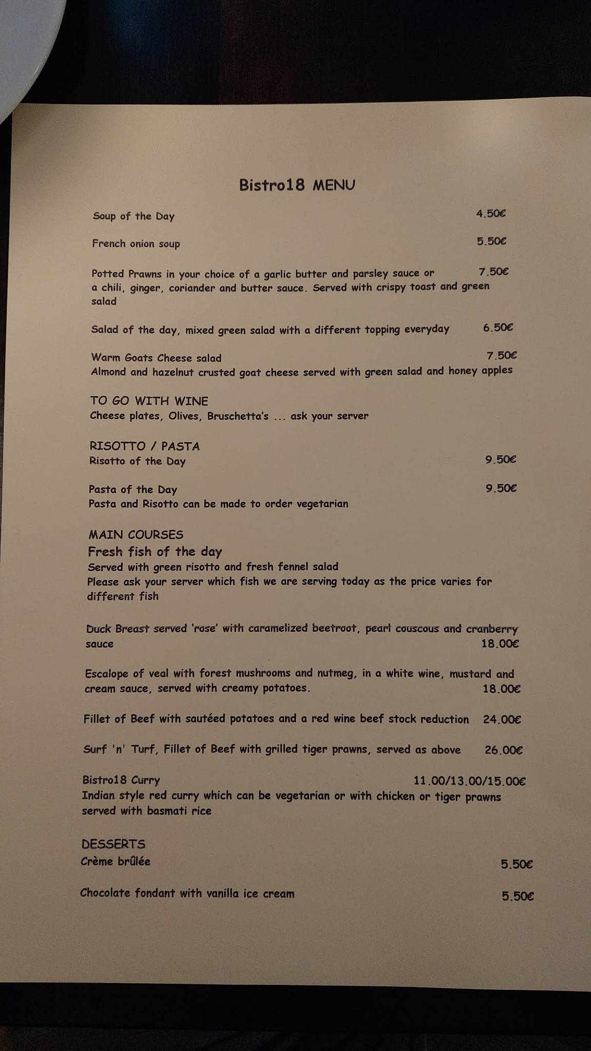 Menu at Bistro 18 restaurant, Vilnius
