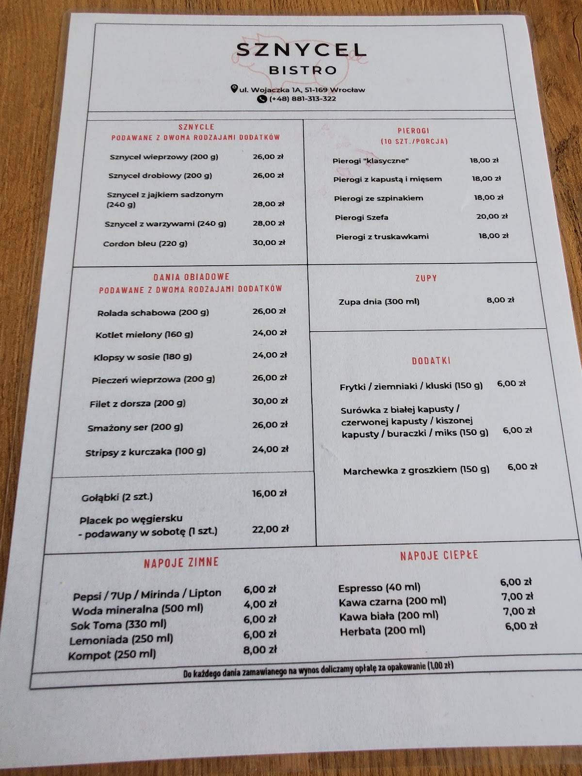 Menu at Bistro Sznycel restaurant, Wrocław