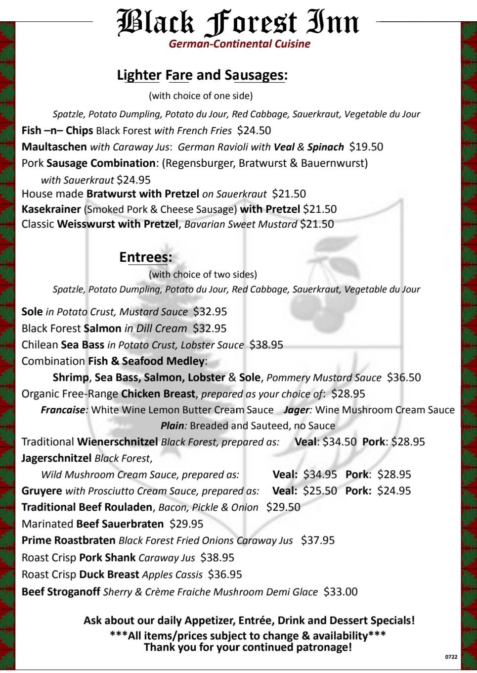 Menu at Black Forest Inn pub & bar, Stanhope