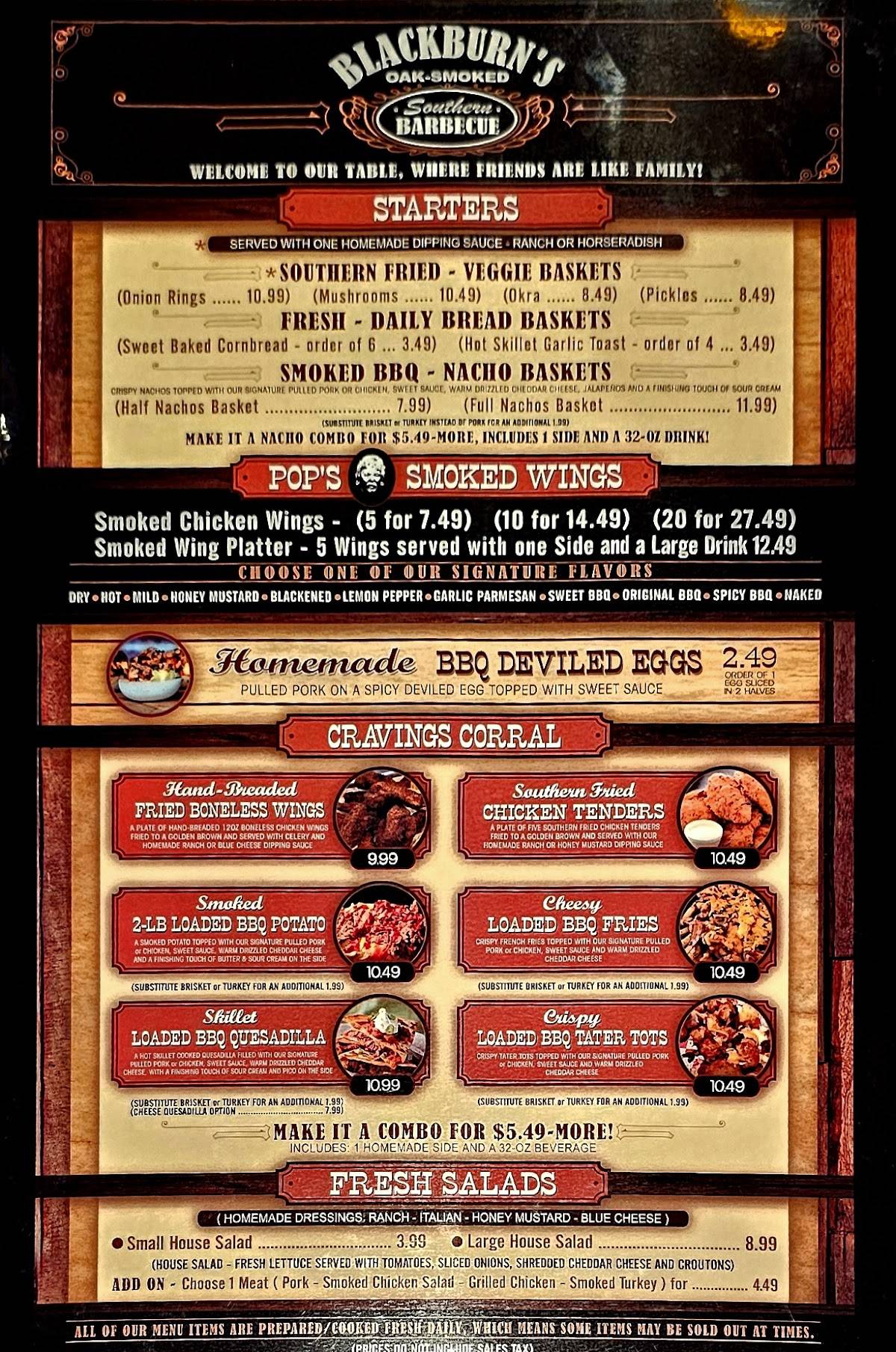 Menu at Blackburn's BBQ, Eagle Lake, 169 5th Eloise St