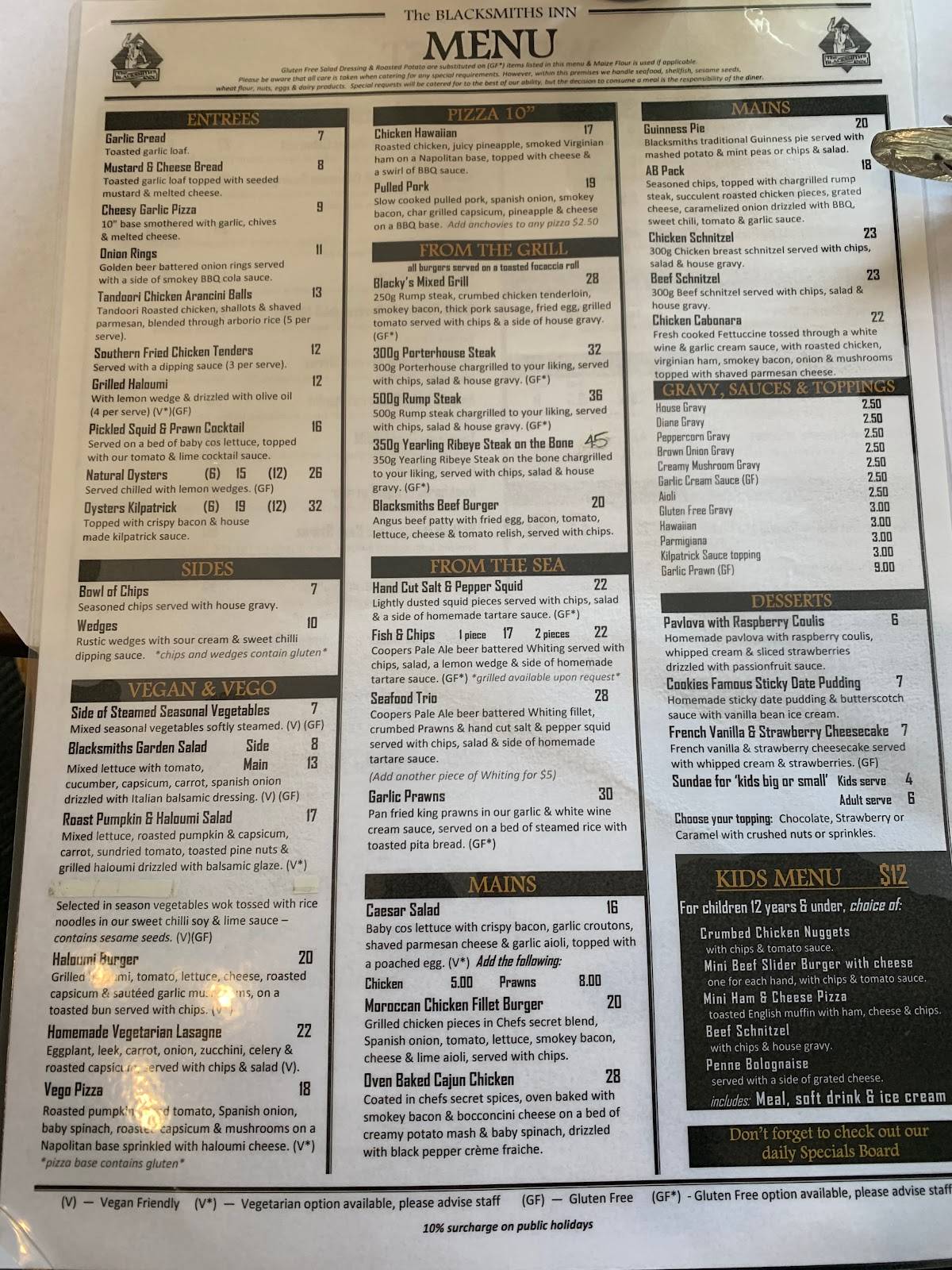 Menu at The Blacksmith's Inn restaurant, One Tree Hill