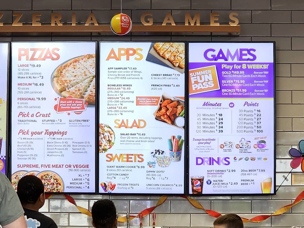 Carta de pizzería Chuck E. Cheese, Blaine, University Ave NE