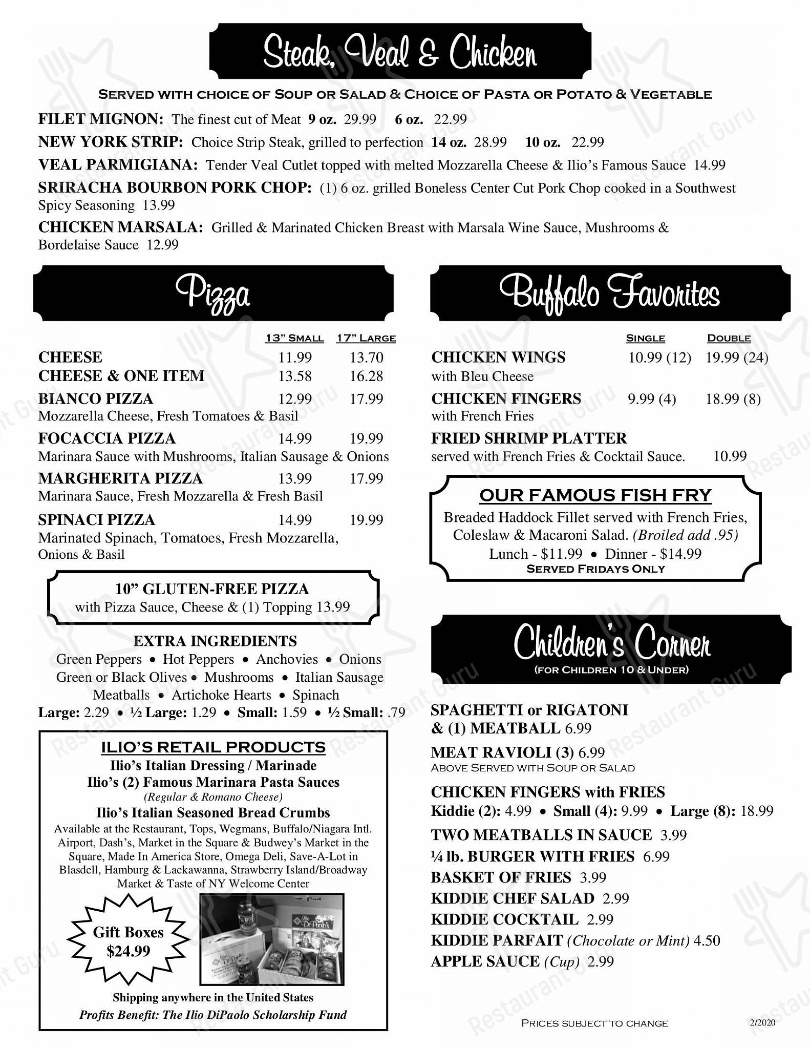 Menu at Ilio DiPaolo's Restaurant & Banquet Facility, Blasdell
