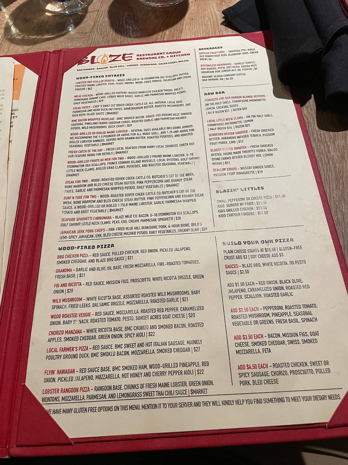 Menu at Blaze pub & bar, Bar Harbor