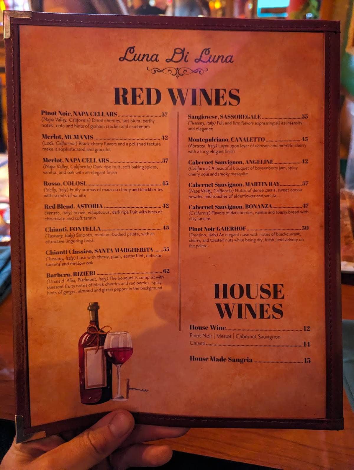 Menu at Luna Di Luna restaurant, Bloomington