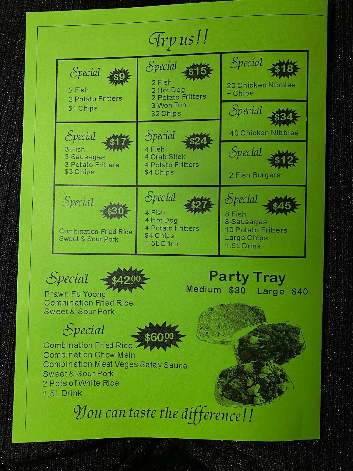 Menu at Blue Chip Takeaways restaurant, Kumeu