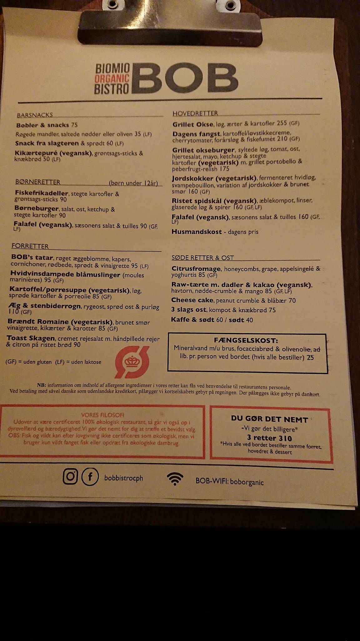 Menu at Bob Bistro restaurant, Copenhagen