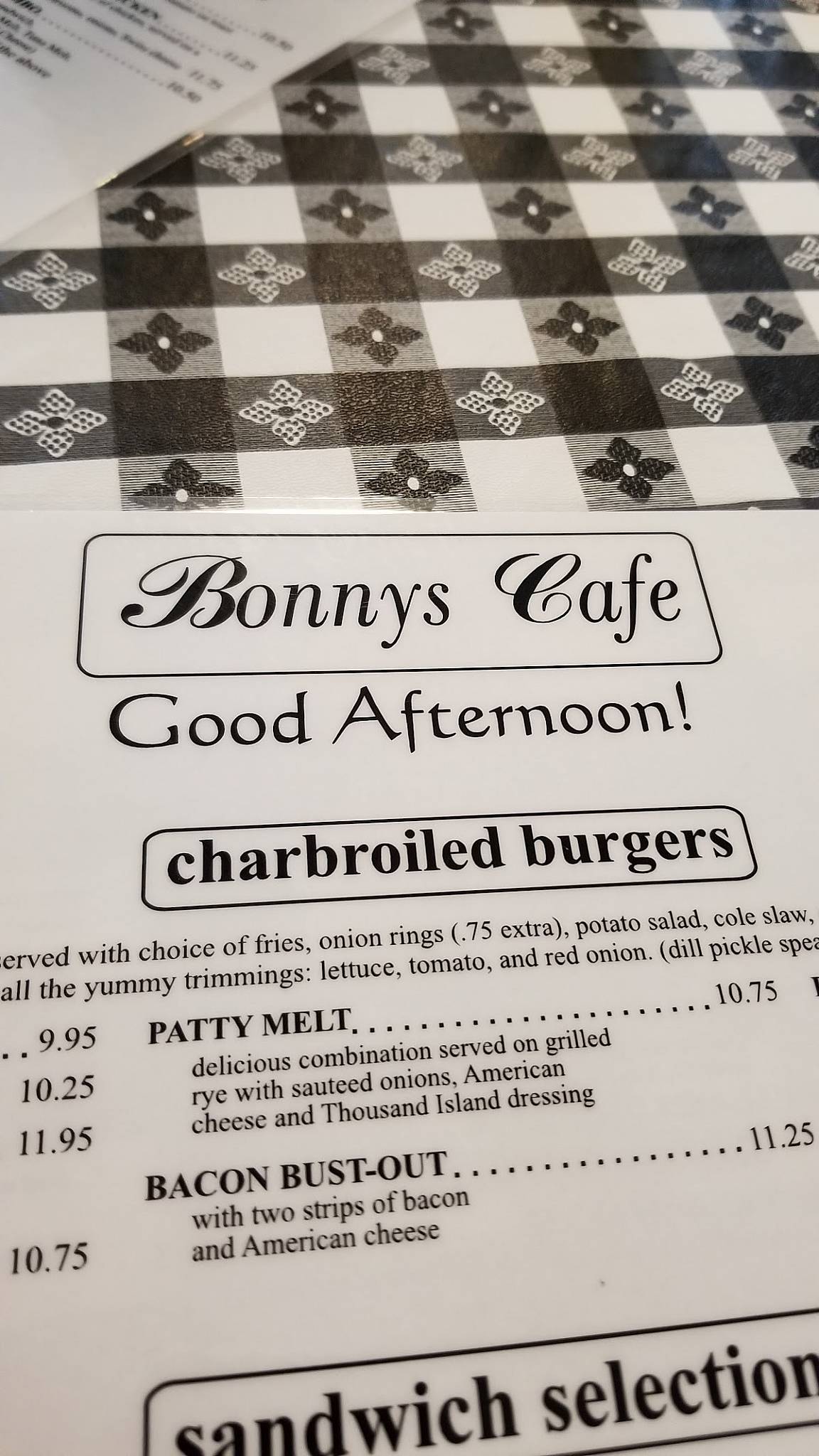 Menu at Bonny's Cafe, El Cajon