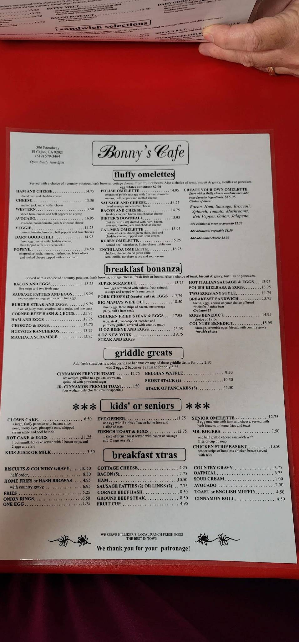 Menu at Bonny's Cafe, El Cajon