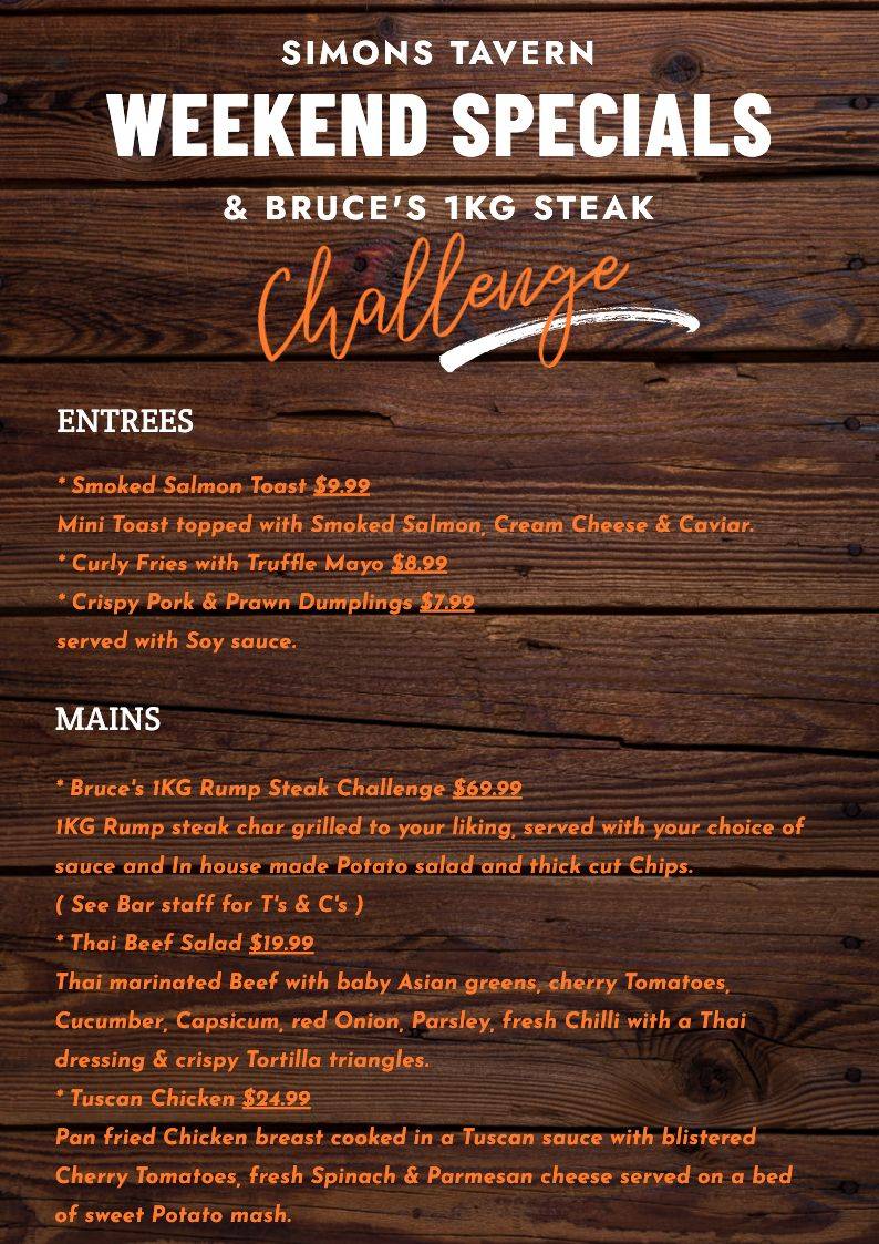 Menu at Boonah Tavern - formerly Simon's pub & bar, Boonah