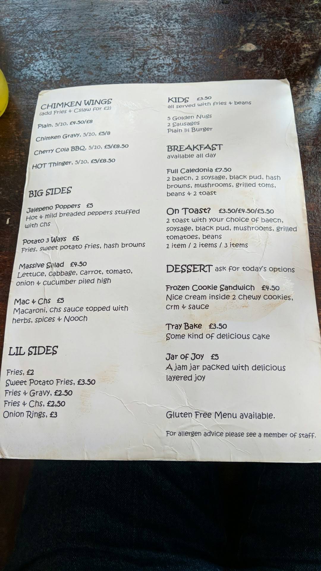 Menu at The Caledonia pub & bar, Liverpool, 22 Caledonia St