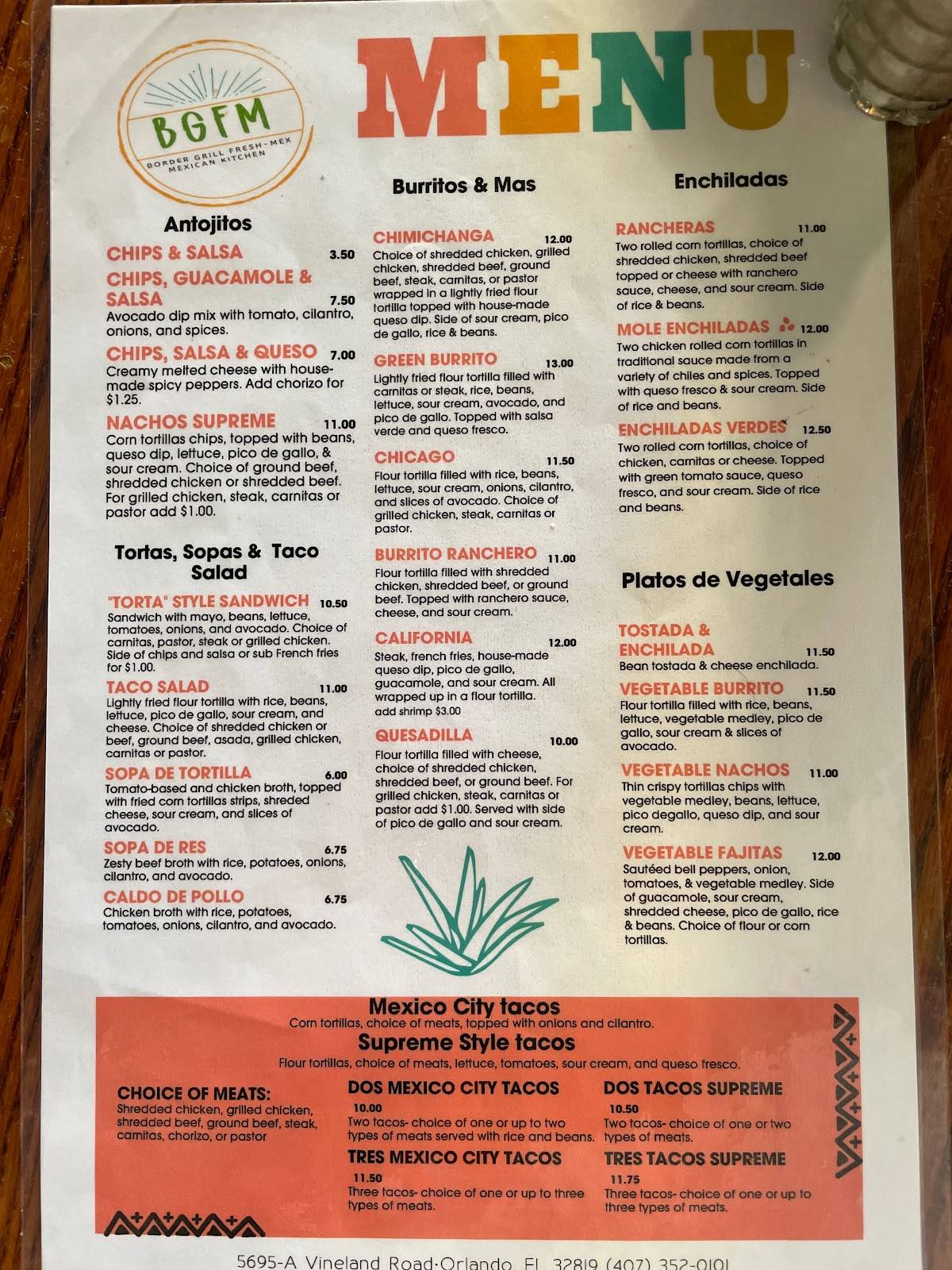 Menu at Border Grill Fresh-Mex restaurant, Orlando