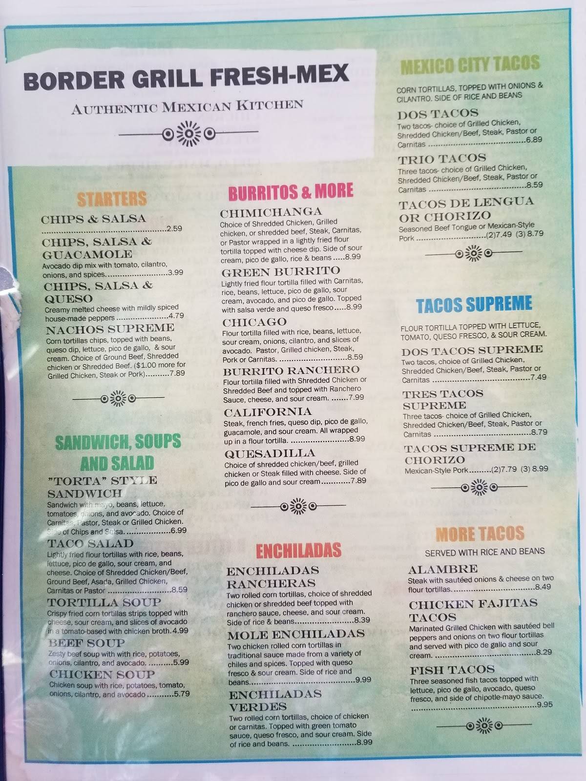 Menu at Border Grill Fresh-Mex restaurant, Orlando