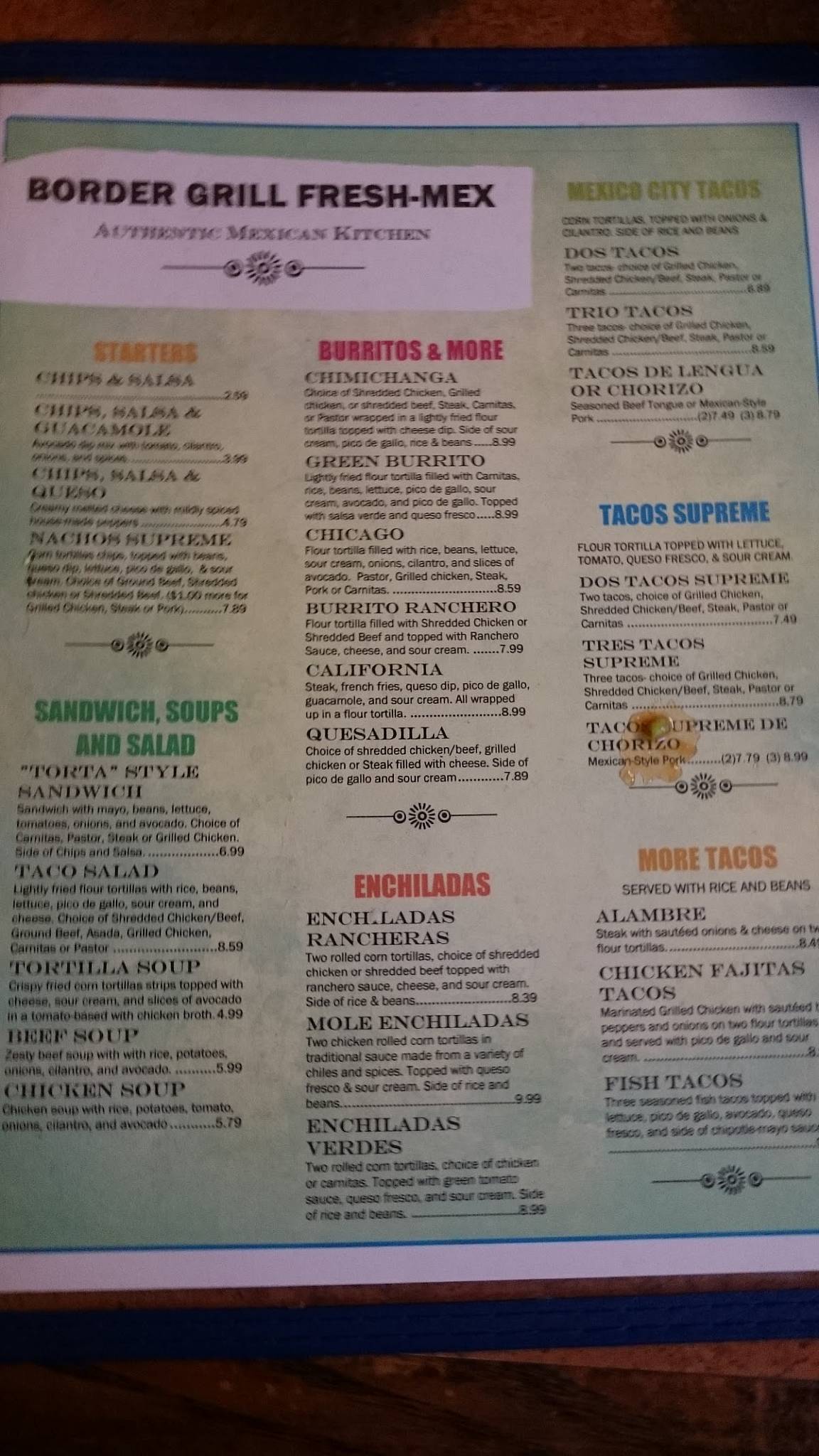 Menu at Border Grill Fresh-Mex restaurant, Orlando