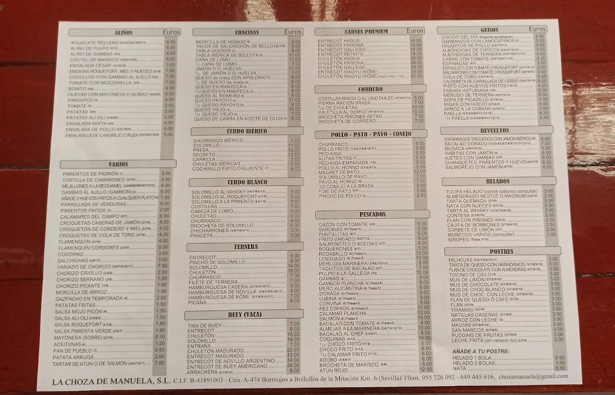 Carta de parrilla La Choza de Manuela, Bormujos, A-474