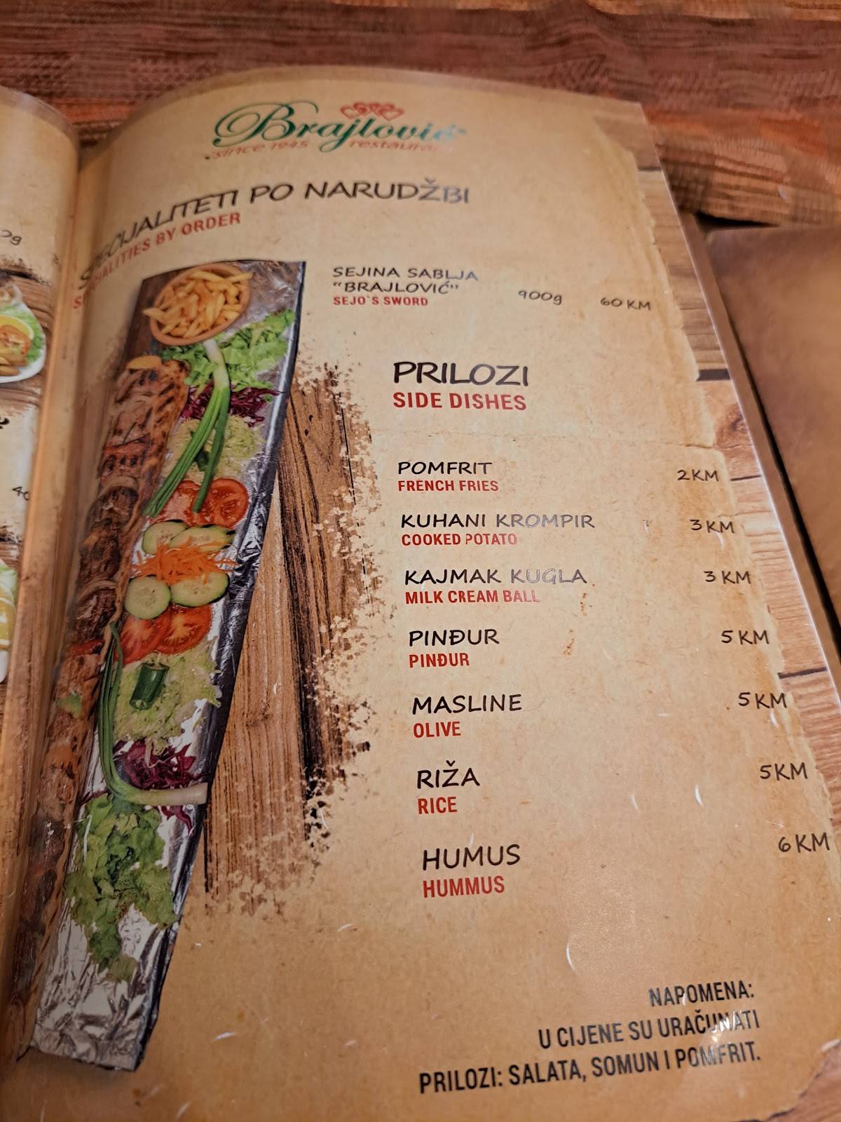 Menu at Brajlović restaurant, Ilidža, Samira Ćatovića Kobre 6