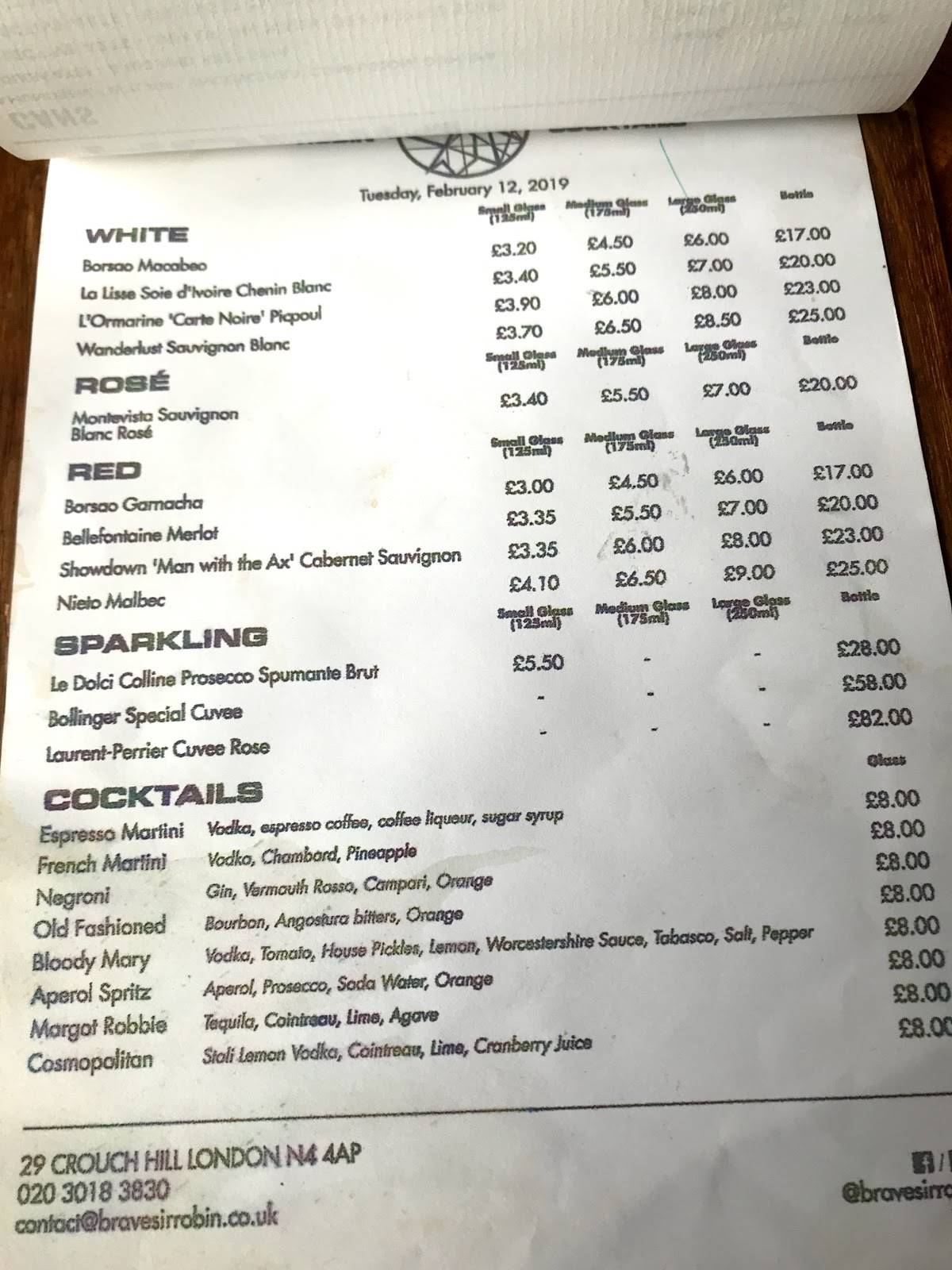 Menu at Brave Sir Robin pub & bar, London