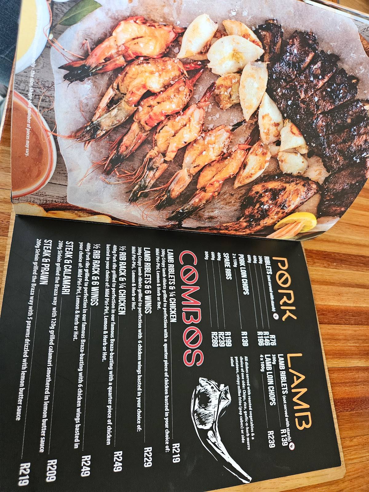 Menu at Braza restaurant, Bloemfontein, Loch Logan