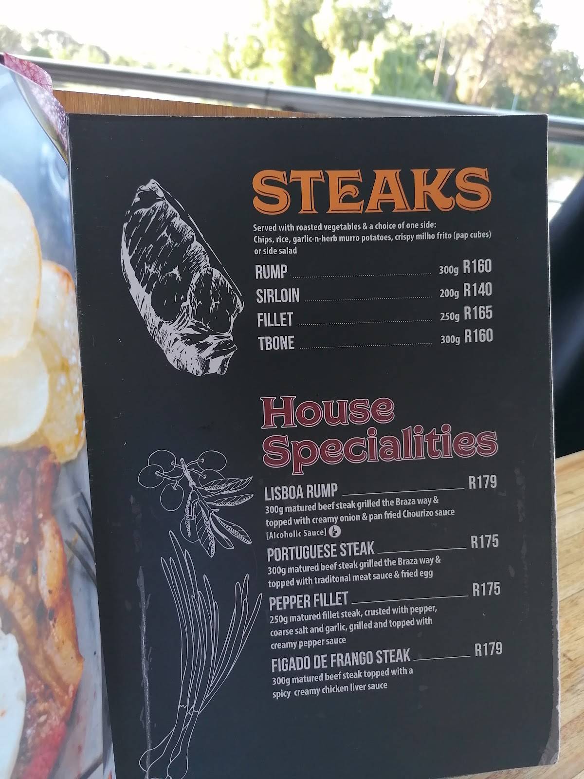 Menu at Braza restaurant, Bloemfontein, Loch Logan