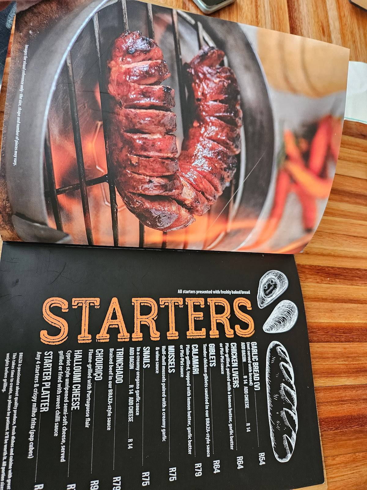 Menu at Braza restaurant, Bloemfontein, Loch Logan