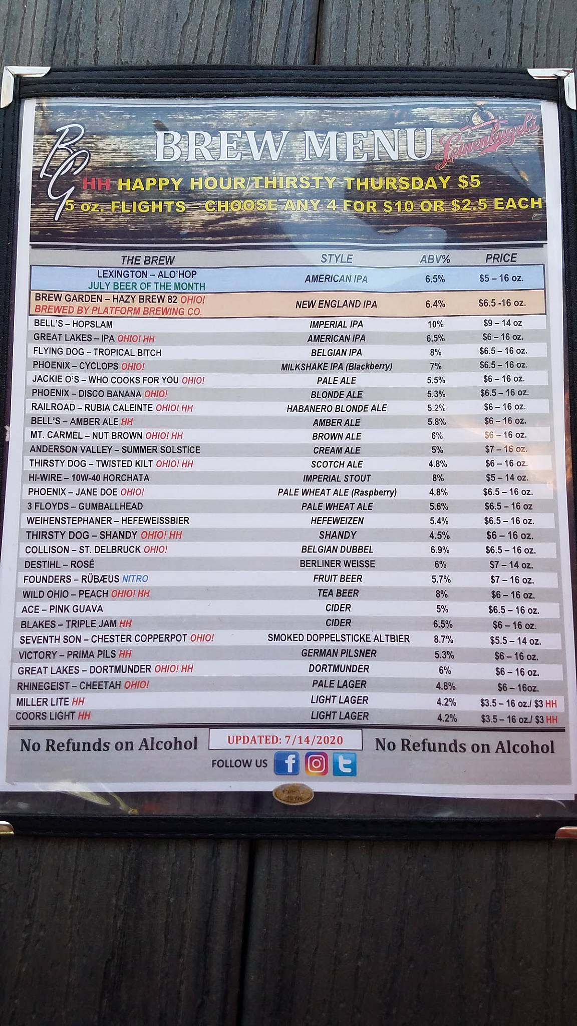 Menu at Brew Garden pub & bar, Strongsville