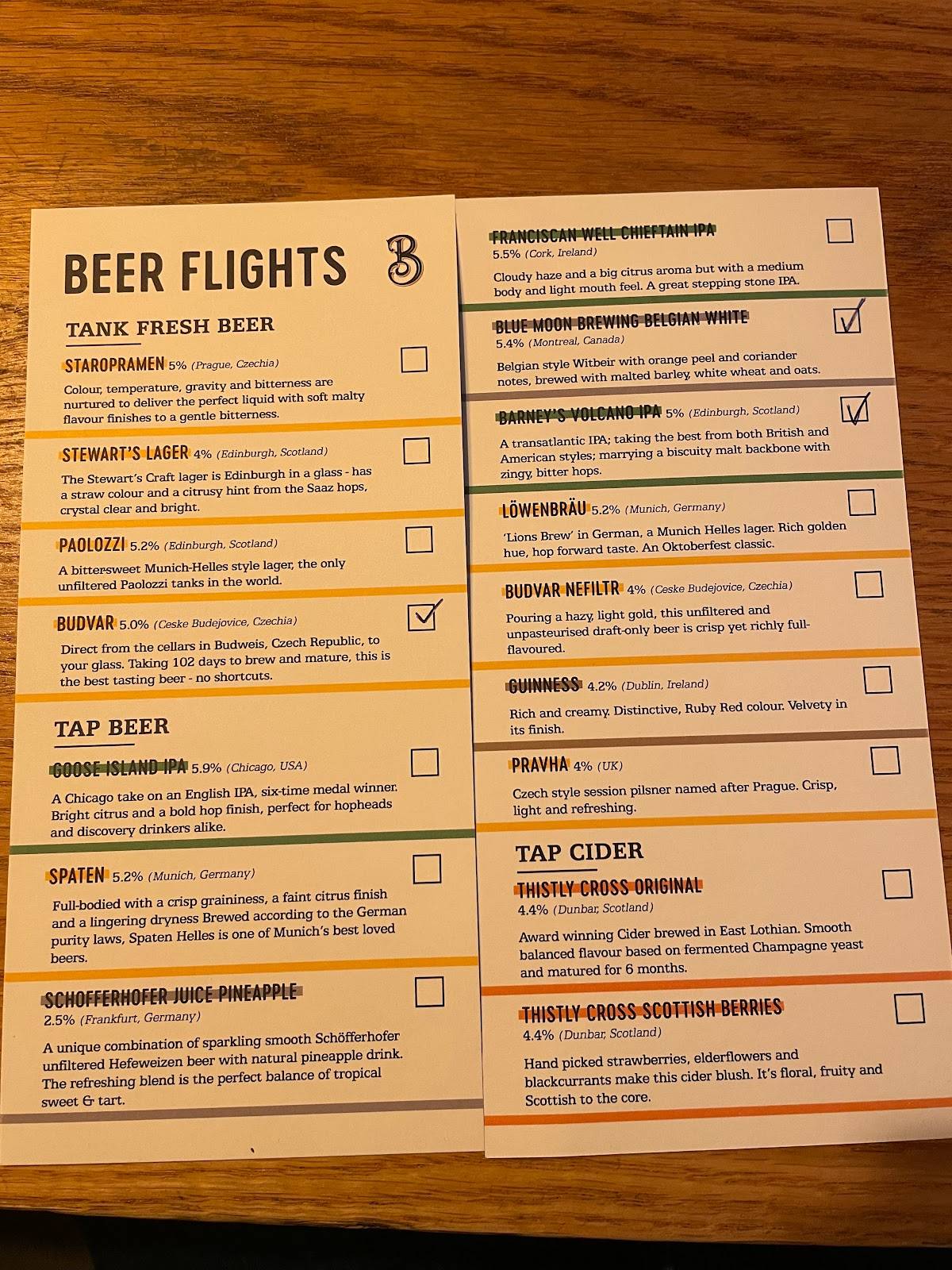 Menu at Brewhemia restaurant, Edinburgh