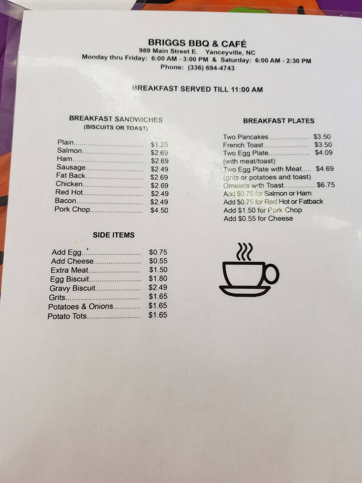 Menu at Briggs Bar-B-Que & Grill, Yanceyville, 989 E Main St